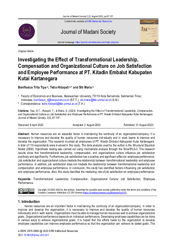 (PDF) Investigating the Effect of Transformational Leadership, Compensation and Organizational ...