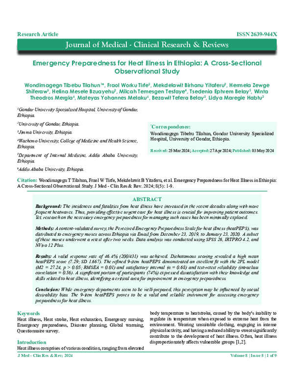(PDF) Emergency Preparedness for Heat Illness in Ethiopia: A Cross-Sectional Observational Study ...