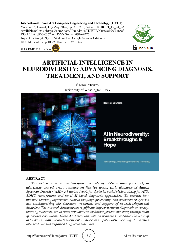 (PDF) ARTIFICIAL INTELLIGENCE IN NEURODIVERSITY: ADVANCING DIAGNOSIS, TREATMENT, AND SUPPORT