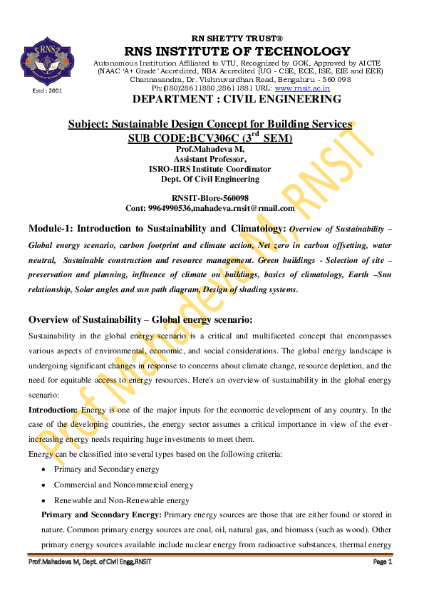 (PDF) Module-1: Introduction to Sustainability and Climatology:Notes