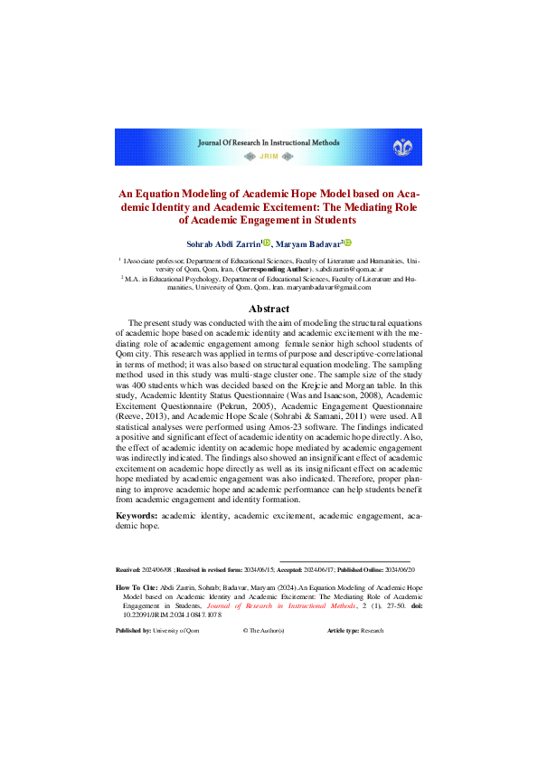 (PDF) An Equation Modeling of Academic Hope Model based on Academic ...