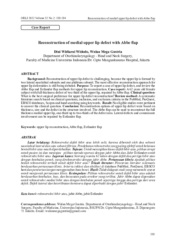 (PDF) Reconstruction of medial upper lip defect with Abbe flap