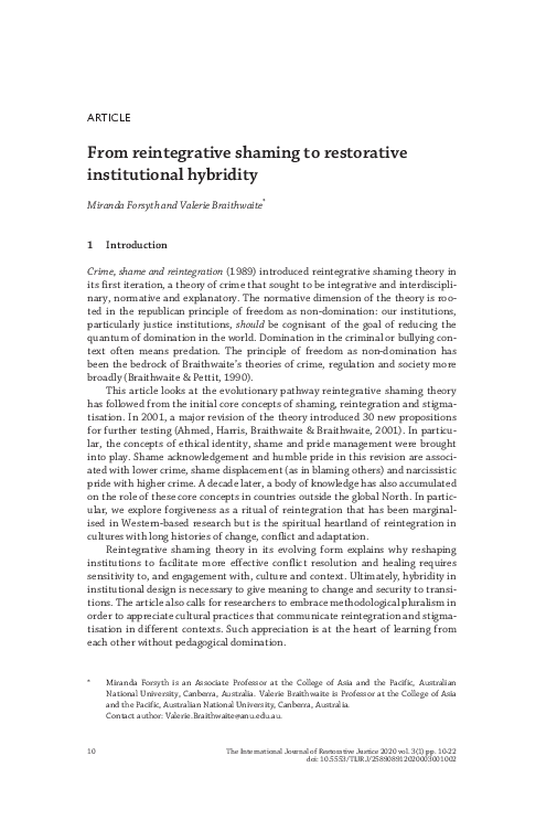 (PDF) From reintegrative shaming to restorative institutional hybridity