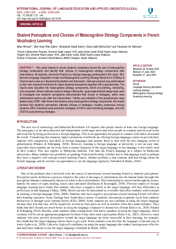 (PDF) Student Perceptions and Choices of Metacognitive Strategy ...