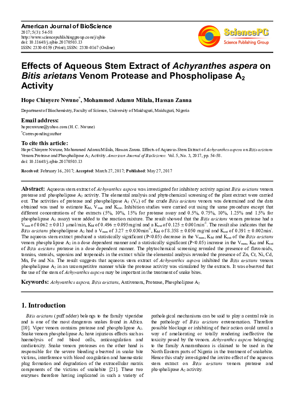 (PDF) Effects of Aqueous Stem Extract of Achyranthes aspera on Bitis ...