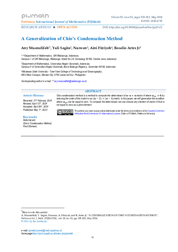 (PDF) A Generalization of Chio’s Condensation Method