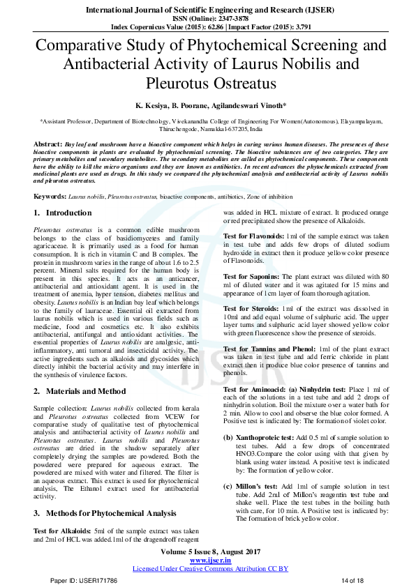 (PDF) Comparative Study of Phytochemical Screening and Antibacterial Activity of Laurus Nobilis ...