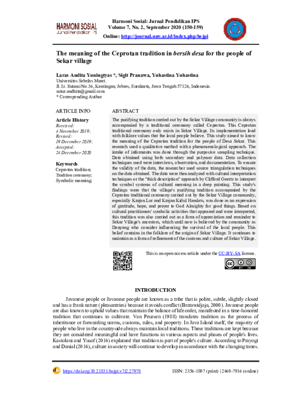(PDF) The meaning of the Ceprotan tradition in bersih desa for the ...