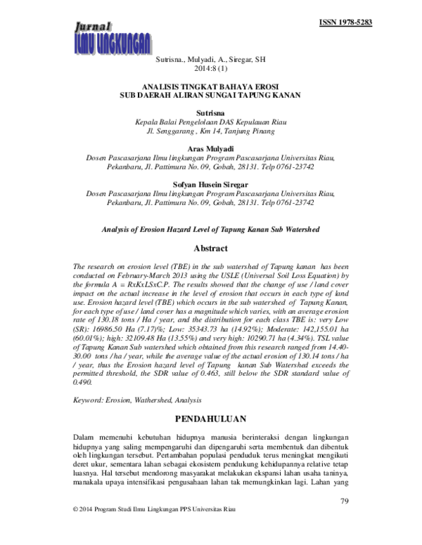 (PDF) Analisis Tingkat Bahaya Erosi Sub Daerah Aliran Sungai Tapung ...