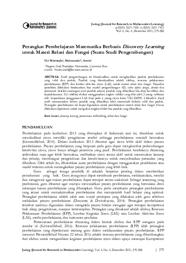(PDF) Perangkat Pembelajaran Matematika Berbasis Discovery Learning untuk Materi Relasi dan ...