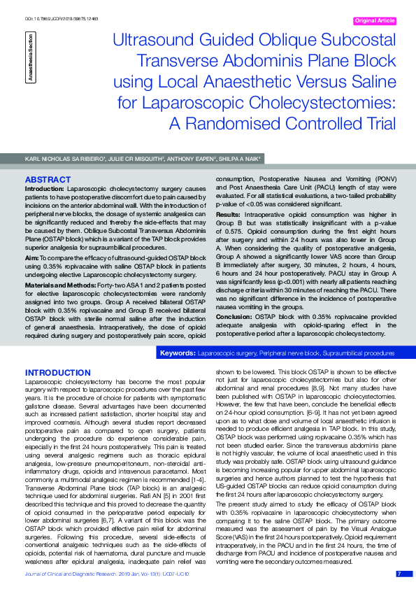 (PDF) Ultrasound Guided Oblique Subcostal Transverse Abdominis Plane ...