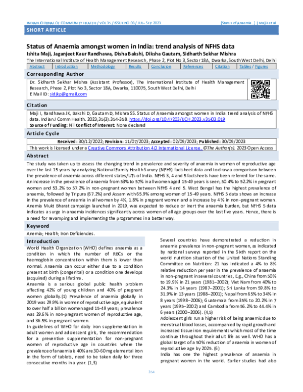 (PDF) Status of Anaemia amongst women in India: trend analysis of NFHS data