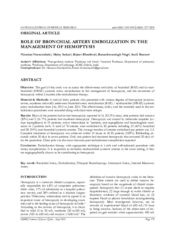 (PDF) ROLE OF BRONCHIAL ARTERY EMBOLIZATION IN THE MANAGEMENT OF HEMOPTYSIS