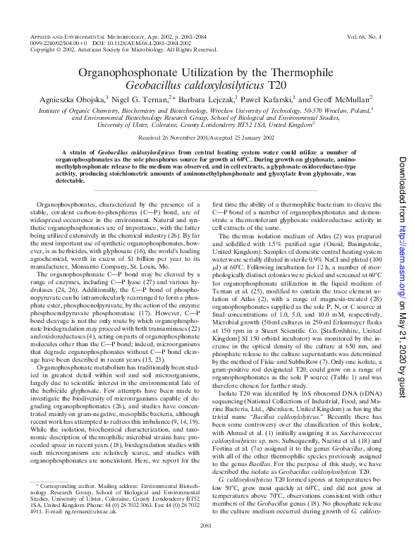 (PDF) Organophosphonate Utilization by the Thermophile Geobacillus ...