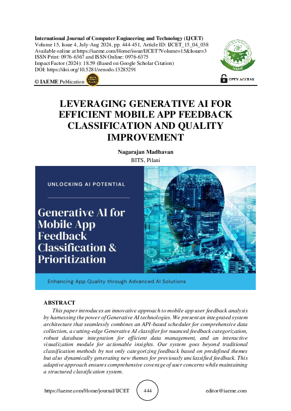 (PDF) LEVERAGING GENERATIVE AI FOR EFFICIENT MOBILE APP FEEDBACK CLASSIFICATION AND QUALITY ...