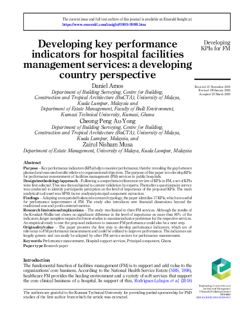 (PDF) Developing key performance indicators for hospital facilities management services: a ...