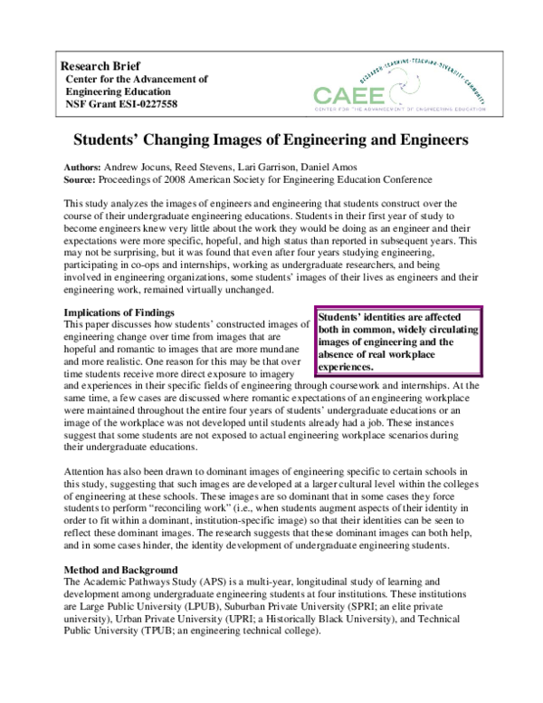 (PDF) Students' Changing Images Of Engineering And Engineers