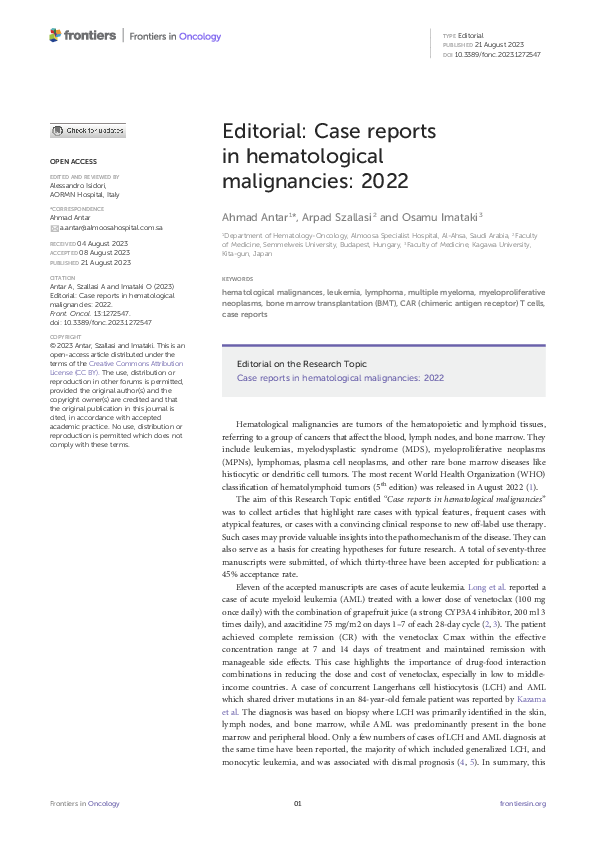 (PDF) Editorial: Case reports in hematological malignancies: 2022