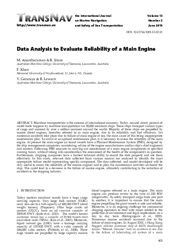 (PDF) Data Analysis to Evaluate Reliability of a Main Engine