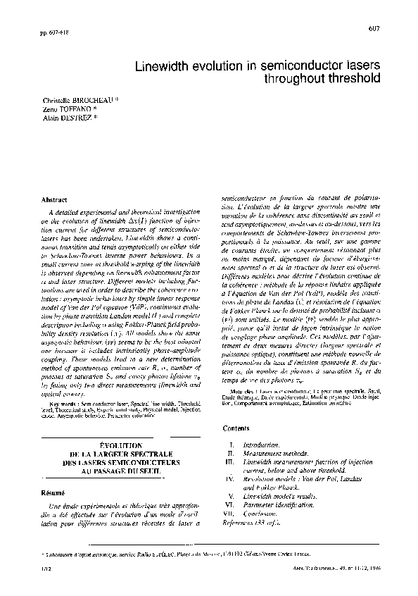 (PDF) Linewidth evolution in semiconductor lasers throughout threshold