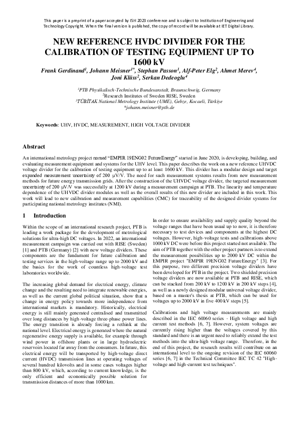 (PDF) NEW REFERENCE HVDC DIVIDER FOR THE CALIBRATION OF TESTING ...