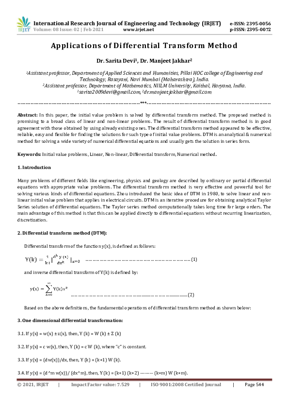 (PDF) Applications of Differential Transform Method