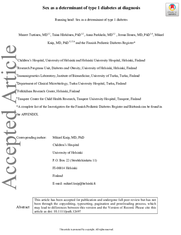 Pdf Sex As A Determinant Of Type 1 Diabetes At Diagnosis