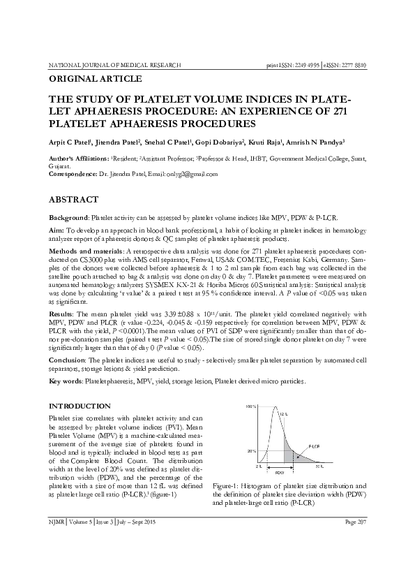 (PDF) THE STUDY OF PLATELET VOLUME INDICES IN PLATE LET APHAERESIS ...