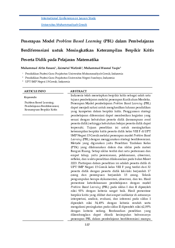 (PDF) Penerapan Model Problem Based Learning (PBL) dalam Pembelajaran Berdiferensiasi untuk ...