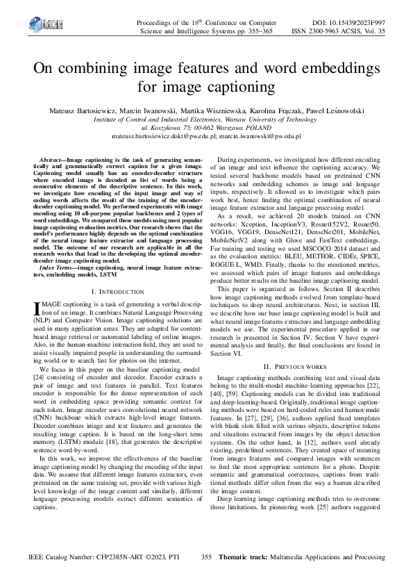 (PDF) On combining image features and word embeddings for image captioning