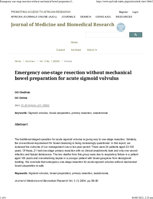 (PDF) Emergency one-stage resection without mechanical bowel ...