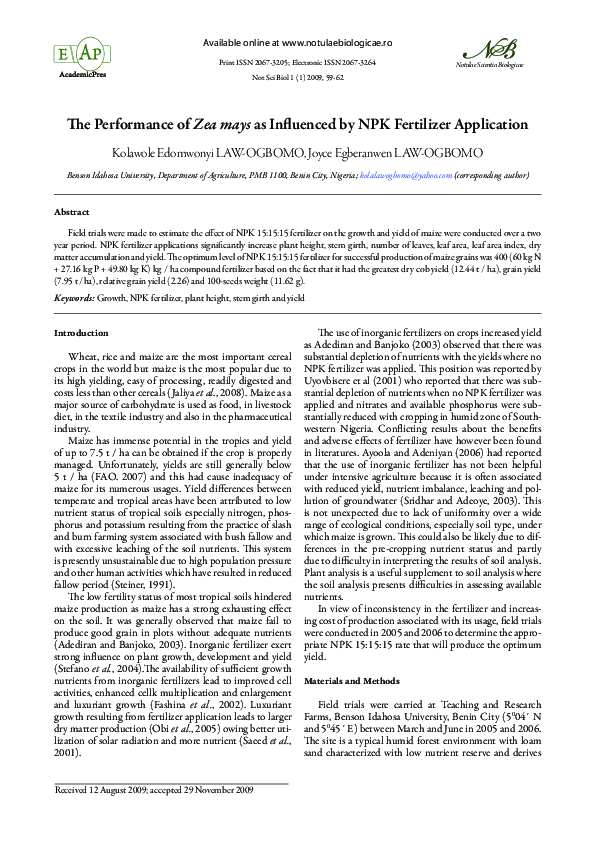 (PDF) The Performance of Zea mays as Influenced by NPK fertilizer ...