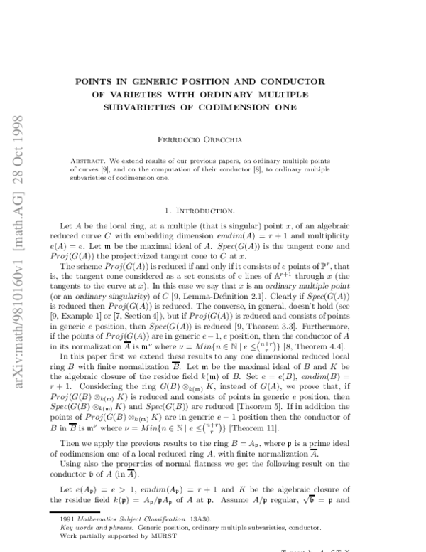 (PDF) Points in generic position and conductor of varieties with ordinary multiple subvarieties ...