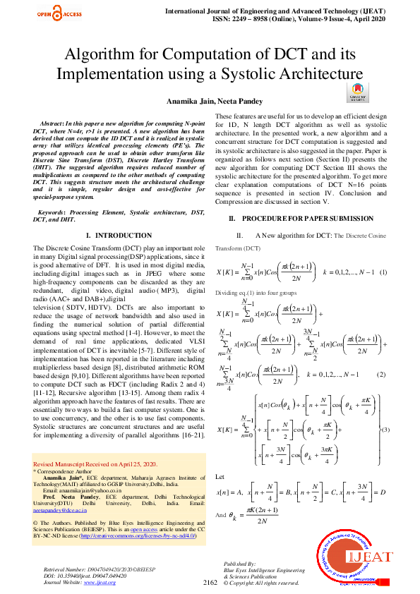 Pdf Algorithm For Computation Of Dct And Its Implementation Using A 1707