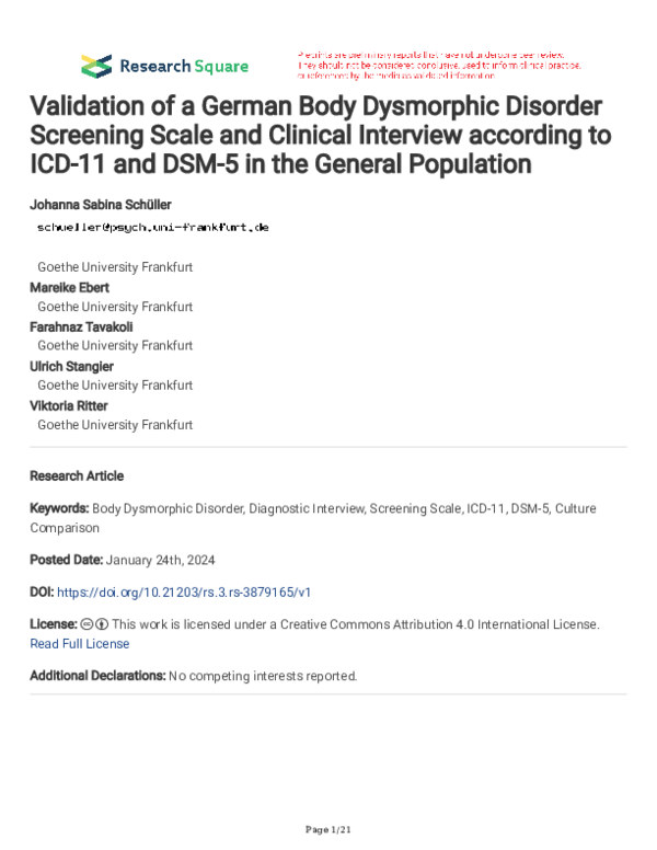 (PDF) Validation of a German Body Dysmorphic Disorder Screening Scale ...