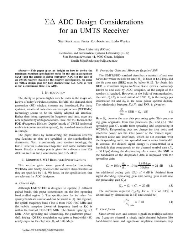 (PDF) Sigma Delta ADC design considerations for an UMTS receiver ...