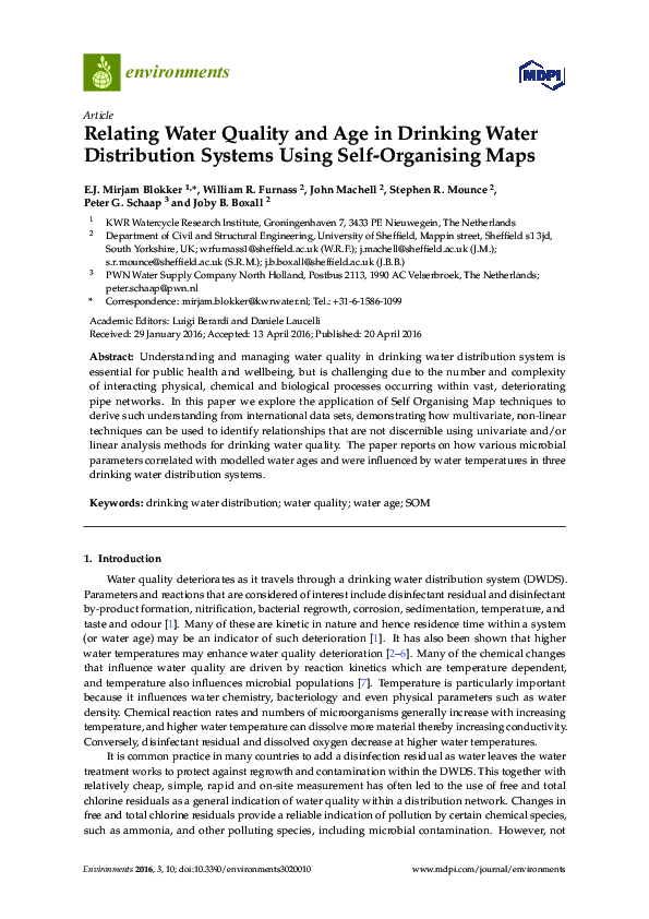 (PDF) Relating Water Quality and Age in Drinking Water Distribution Systems Using Self ...
