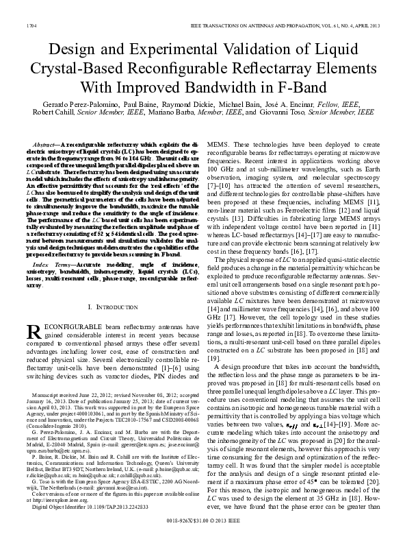 (PDF) Design and Experimental Validation of Liquid Crystal-Based Reconfigurable Reflectarray ...