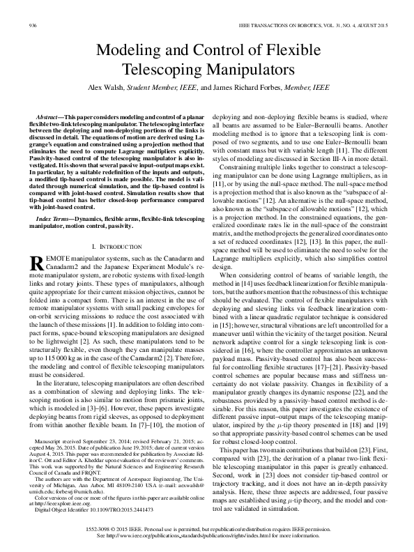 (PDF) Modeling and Control of Flexible Telescoping Manipulators