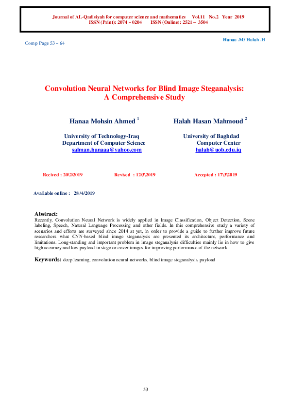 (PDF) Convolution Neural Networks for Blind Image Steganalysis: A Comprehensive Study