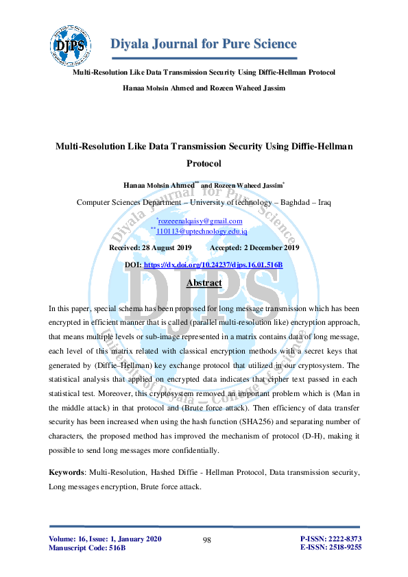 (PDF) Multi-Resolution Like Data Transmission Security Using Diffie-Hellman Protocol
