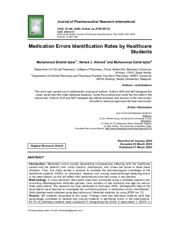 (PDF) Medication Errors Identification Rates by Healthcare Students
