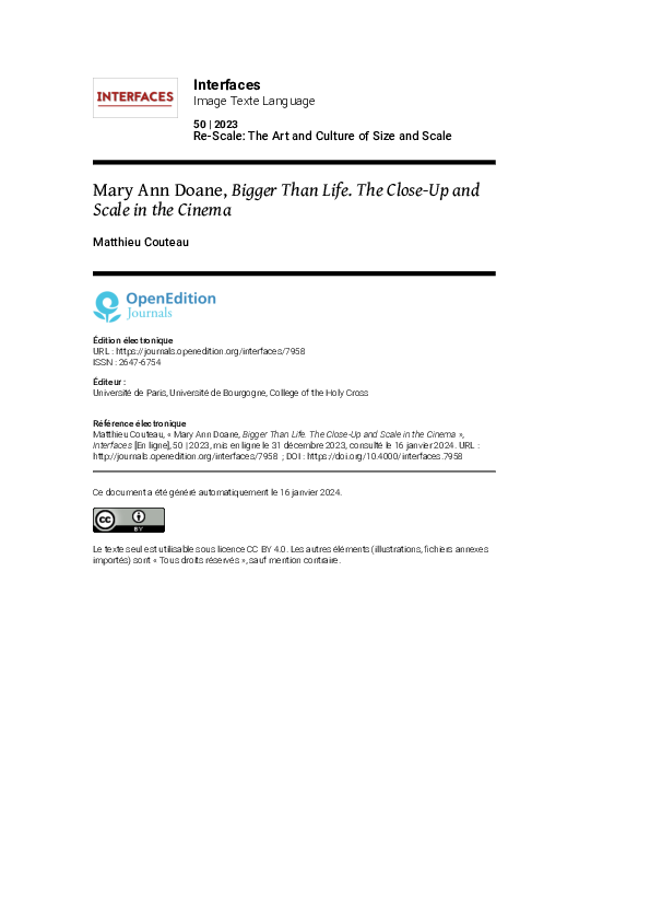 (PDF) Mary Ann Doane, Bigger Than Life. The Close-Up and Scale in the ...