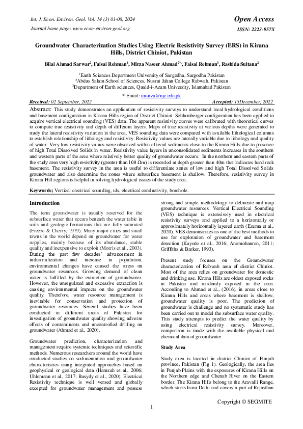 (PDF) Resistivity Analysis for Groundwater in Kirana Hills, Pakistan