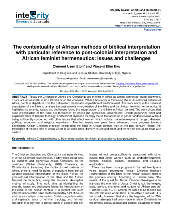 (PDF) The contextuality of African methods of biblical interpretation with particular reference ...