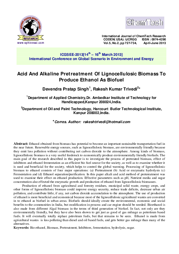(PDF) Acid and alkaline pretreatment of lignocellulosic biomass to produce ethanol as biofuel