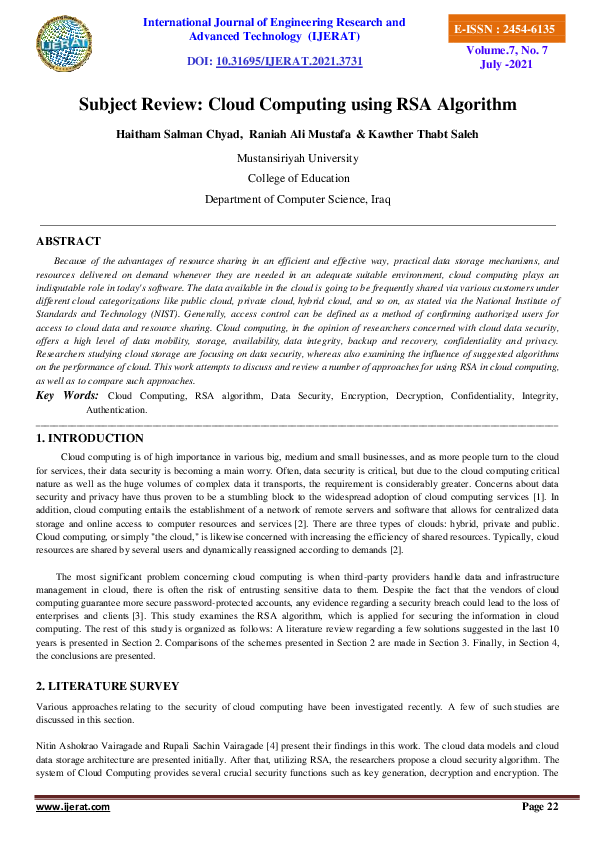 (PDF) Subject Review: Cloud Computing using RSA Algorithm