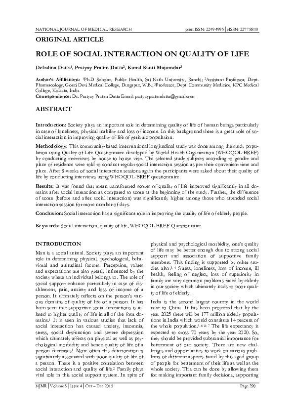 (PDF) ROLE OF SOCIAL INTERACTION ON QUALITY OF LIFE