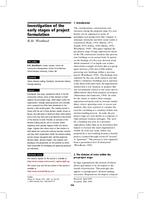 (PDF) Investigation of the early stages of project formulation
