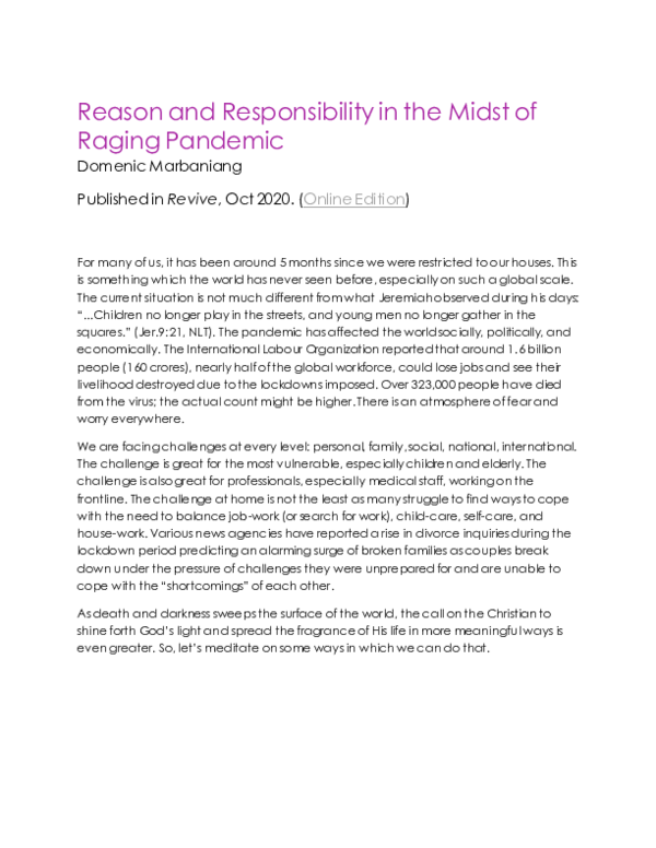 (PDF) Reason and Responsibility in the Midst of Raging Pandemic